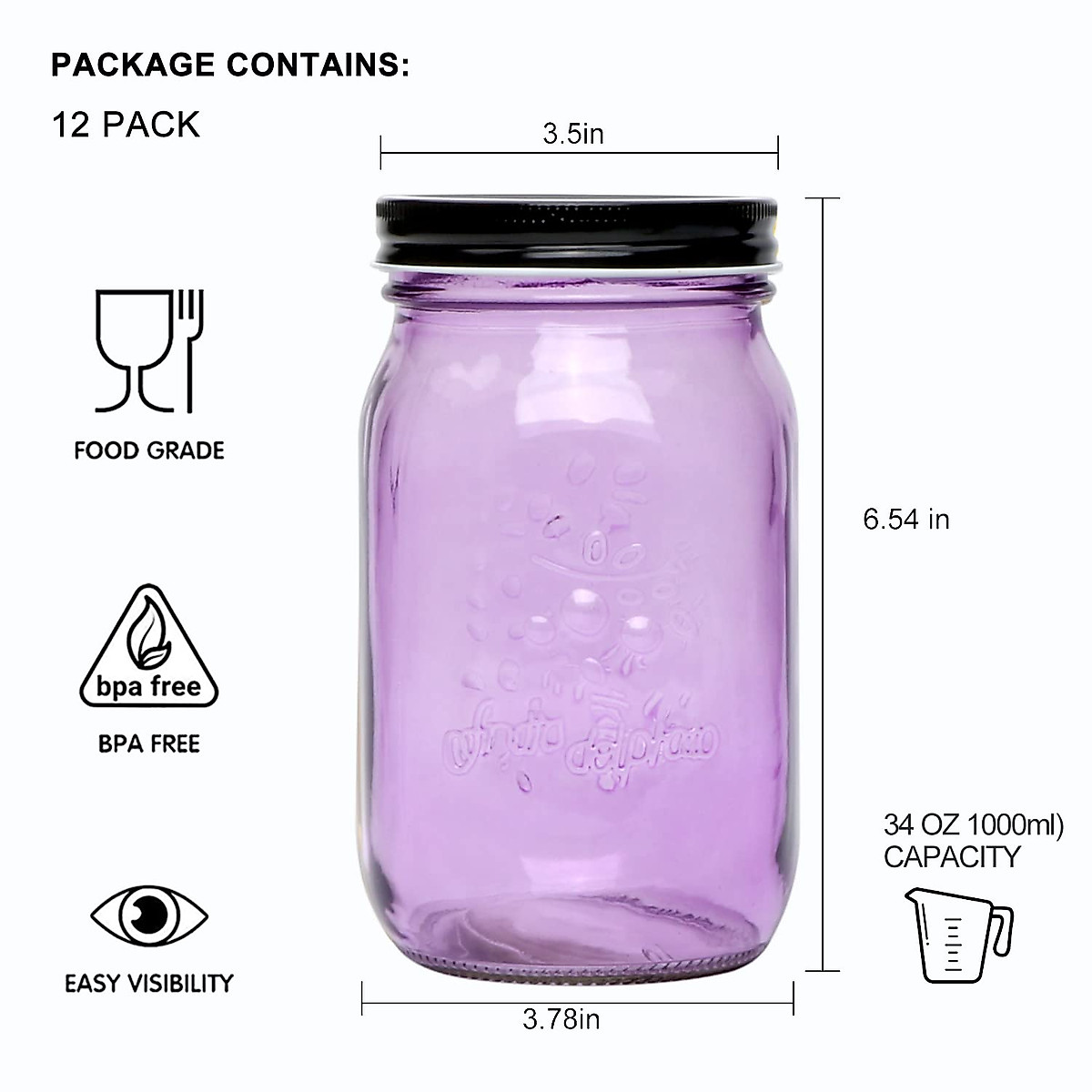 QAPPDA 32 OZ Glass Jars with Lids Set of 12,Colorful Wide Mouth 1000ML Glass Mason Jar with Airtight Lid,Durable Glass Food Storage Canning Jars for DIY Crafts,Dry Food,Jams,Preserving