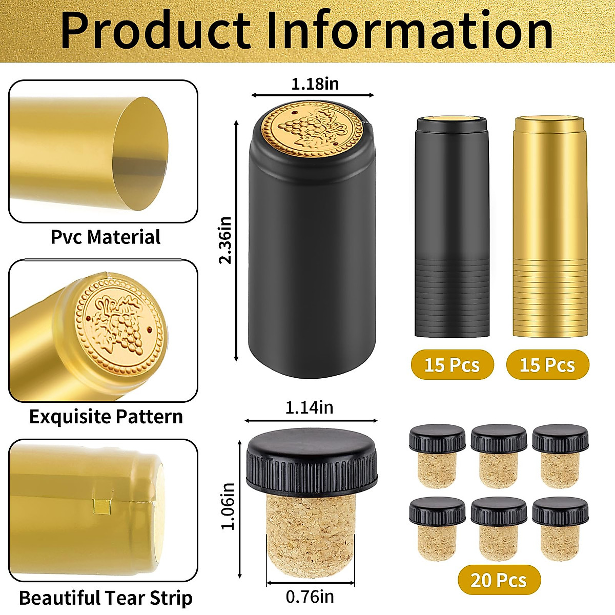 Wine Sealer for Wine Bottles - 50 pcs Wine Bottle Resealer Kit for Cruise with PVC Heat Shrink Capsules, T-Shape Wine Bottle Cork Stopper with Black Plastic Top for Making Cellars and Home Use