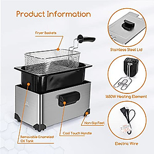 Aigostar Deep Fryer with Basket, 3L/3.2Qt Stainless Steel Electric Deep Fat Fryer with Temperature Limiter for Frying Chicken, Tempura, French Fries, Fish and Onion Rings,1650W, Silver