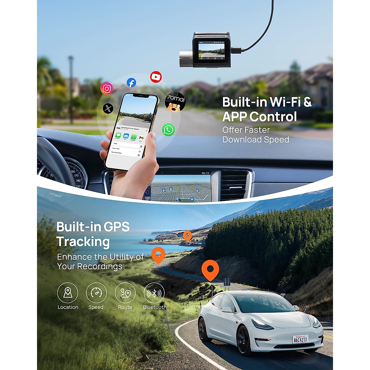 70mai 2.7K UHD Dash Cam Front and Rear A500S, Dual Dash Camera for Cars, Dashcam with APP, Sony IMX335, ADAS, Built-in WiFi GPS, 2'' IPS Screen, WDR, Night Vision, 24/7 Parking Mode, Loop Recording