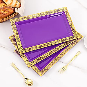 U-QE 8 Pack Rectangle Plastic Serving Tray - Purple & Gold Rim Disposable Serving Trays and Platters for Food - Platters for Serving Food - Party, Wedding, Dessert Table, Cupcake display - 13x8 inches