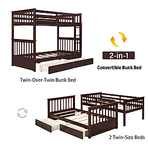 Merax Wood Bunk Bed with Drawers,Convertible Wood Bunk Bed with Ladders and Two Storage Drawers,Solid Wood Detachable Bunk Bed Frame with Ladders,Twin Over Twin Size,Espresso