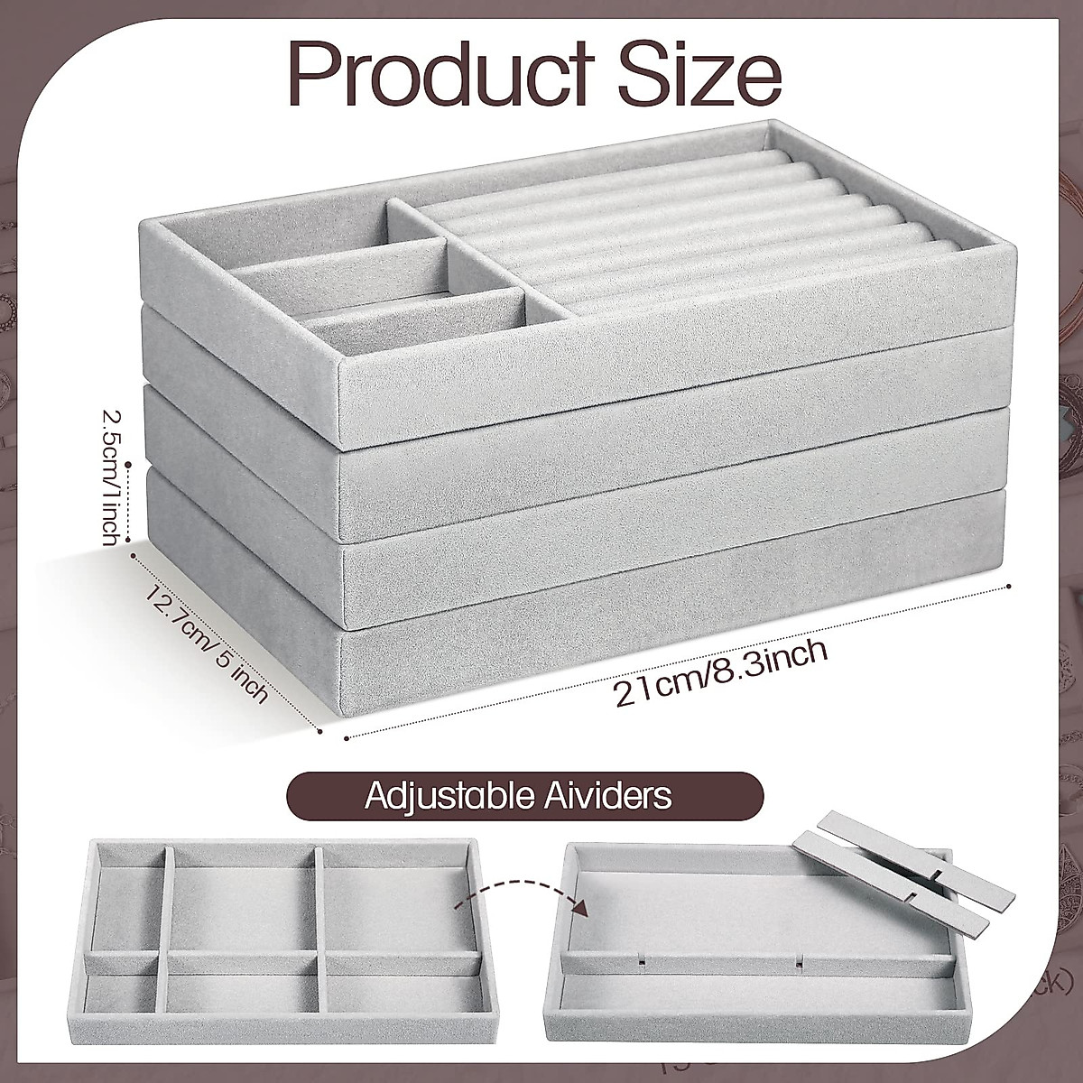 Kenning 16 Pcs Stackable Jewelry Trays Organizer Set for Drawer 8.3x5x1 Small Velvet Jewelry Drawer Insert Storage Holder Closet Dresser Box Divider Ring Earring Display Wedding Gift for Women Girl