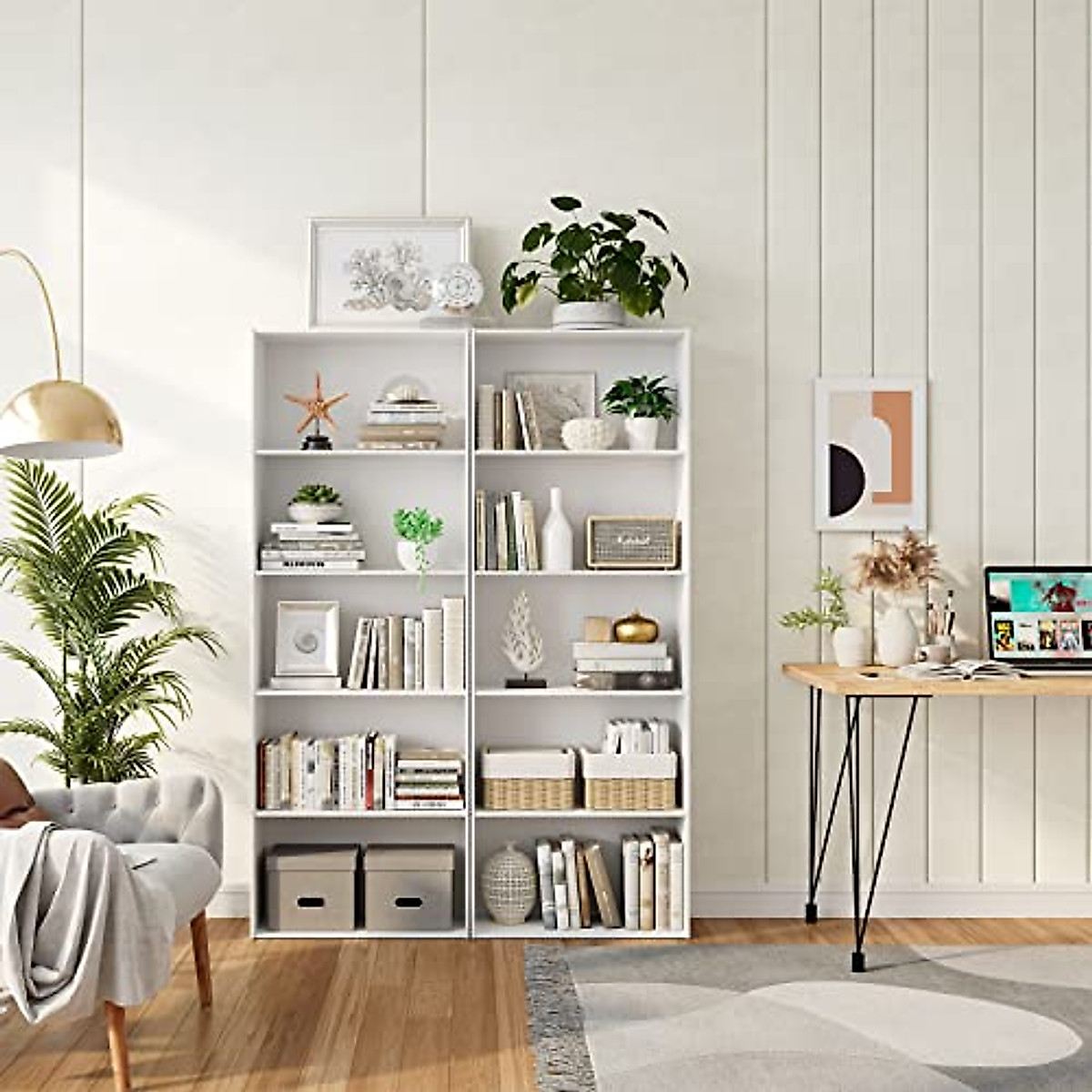 Tangkula 5-Shelf Bookcase, 23.5''L x 9.5''W x 67''H, Multi-Functional Wood Storage Display Open Bookshelf for Home Office (White)