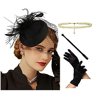 Cizoe Fascinators Hats 20s 50s Hat Pillbox Hat Cocktail Tea Party Headwear with Veil for Girls and Women(1-B1-black Set)