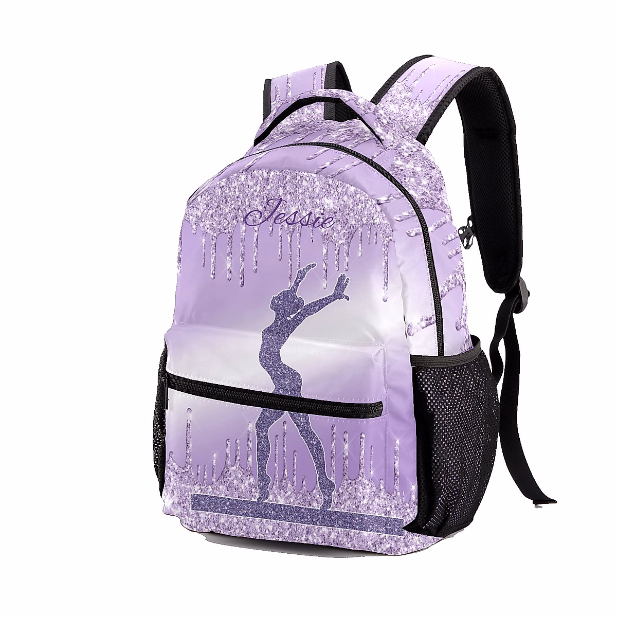 Custom Kid Backpack, Violet Purple Glitter Print Girls Gymnastics Personalized School Bookbag with Your Own Name, Casual Bookbags for Student Girls Boys