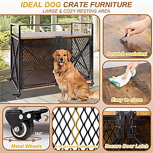 Ketive Dog Crate Furniture with Cushion, 31"L Wooden Dog Crate End Table with Double Doors, Chew-Resistant Dog Kennel Indoor, Heavy Duty Dog Crate with Wheels, Rustic Brown (31.2"L x 20.5"W x 28.9"H)
