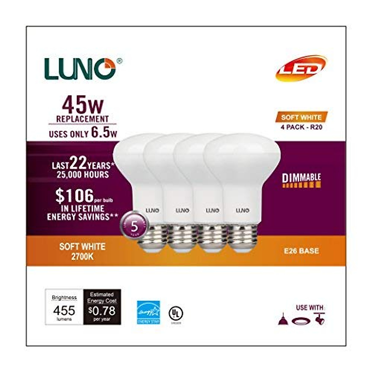 LUNO R20 Dimmable LED Bulb, 6.5W (45W Equivalent), 455 Lumens, 2700K (Soft White), Medium Base (E26), UL Listed (4-Pack)