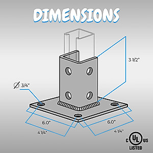 OhLectric Strut Post Base Single Channel with 4 Mounting Holes - Heavy Duty Galvanized Zinc Plated Square for Single Channel Fence Post Base - Side Orientation - 6-inch x 6-inch Base - OL-48010
