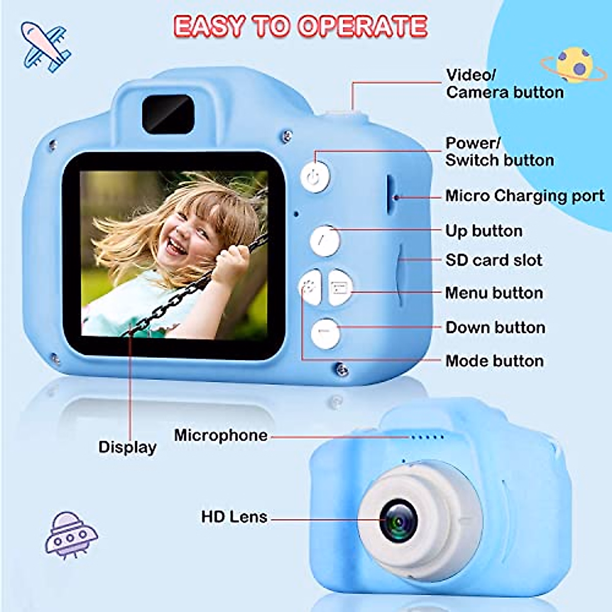 Gridspace Upgrade Kids Camera Toys for 3 4 5 6 7 8 9 Year Old Boy Christmas Birthday Gift Digital Video Camera,Mini Play Video Camera with 1080P HD 2 Inch Screen with 32GB Card