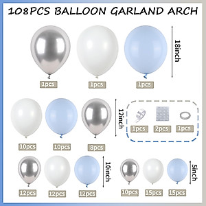 Blue White Balloon Arch Kit, 108 Pcs Blue Silver White Balloon Garland with 18/12/10/5 Inch Pastel Baby Blue White Silver Latex Balloons for Boys Baby Shower Birthday Wedding Graduation Decorations