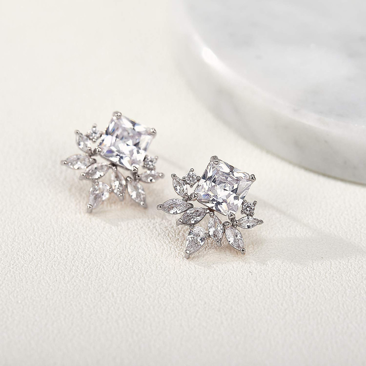 SWEETV CZ Cluster Bridal Wedding Bridesmaids Earrings, Crystal Stud Earrings for Women, Silver,Suitable for Ages 15+