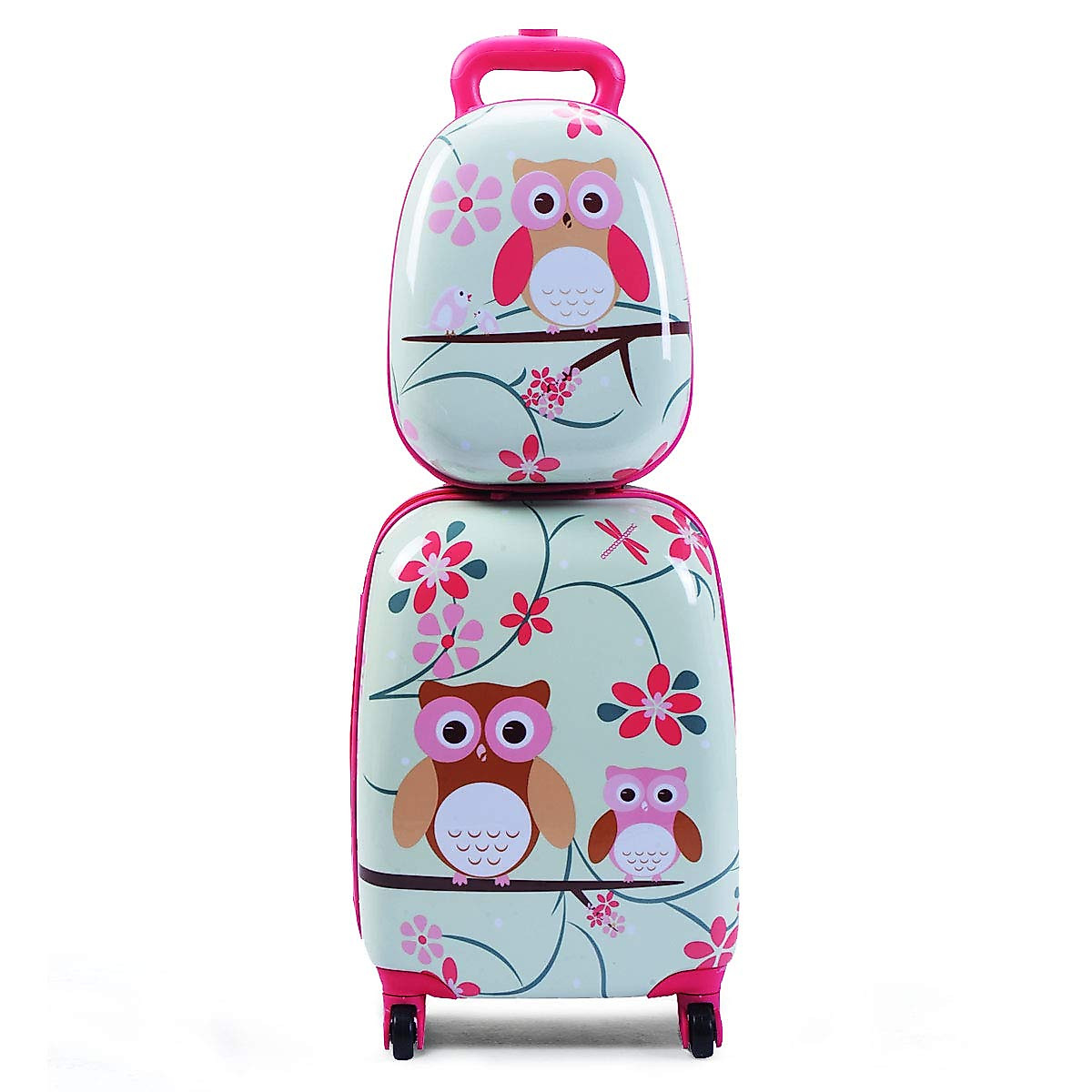 HONEY JOY Kids Luggage, 12” Travel Backpack & 16” Hard Shell Toddler Suitcase, Children Rolling Luggage with Wheels, Retractable Handle & 4 Casters, 2Pcs Carry On Luggage Set for Boys Girls (Owl)