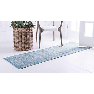 Unique Loom Outdoor Trellis Collection Area Rug - Tribal Trellis (2' x 6' 1" Runner, Aqua/ Ivory)