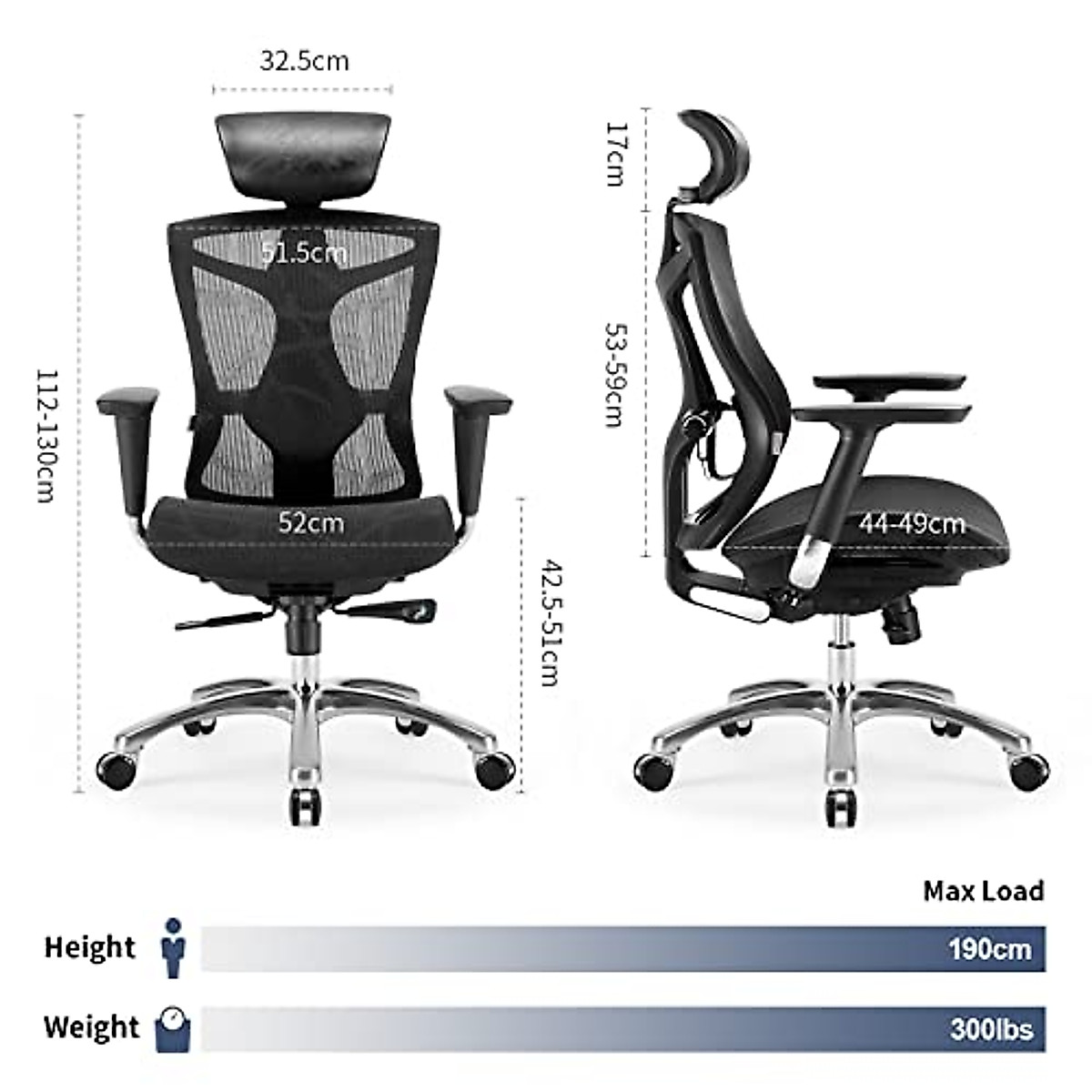 SIHOO Ergonomic Office Chair with 4D Arms, 2-Way Lumbar Support, Depth Adjustable Seat, PU Headrest, Height Adjustable Backrest, High Back Computer Desk Chair (Black)