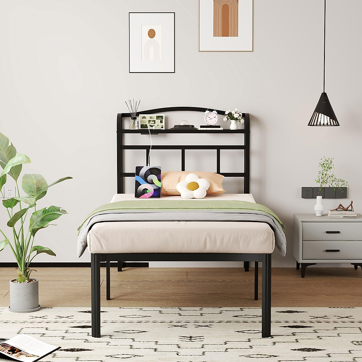 SHOANED Twin Size Metal Bed Frame - 18 Inch Heavy Duty Bedframe with Headboard & Charging Station Basic Steel Slats Platform with Galaxy Aurora Projector No Box Spring Needed, Noise-Free