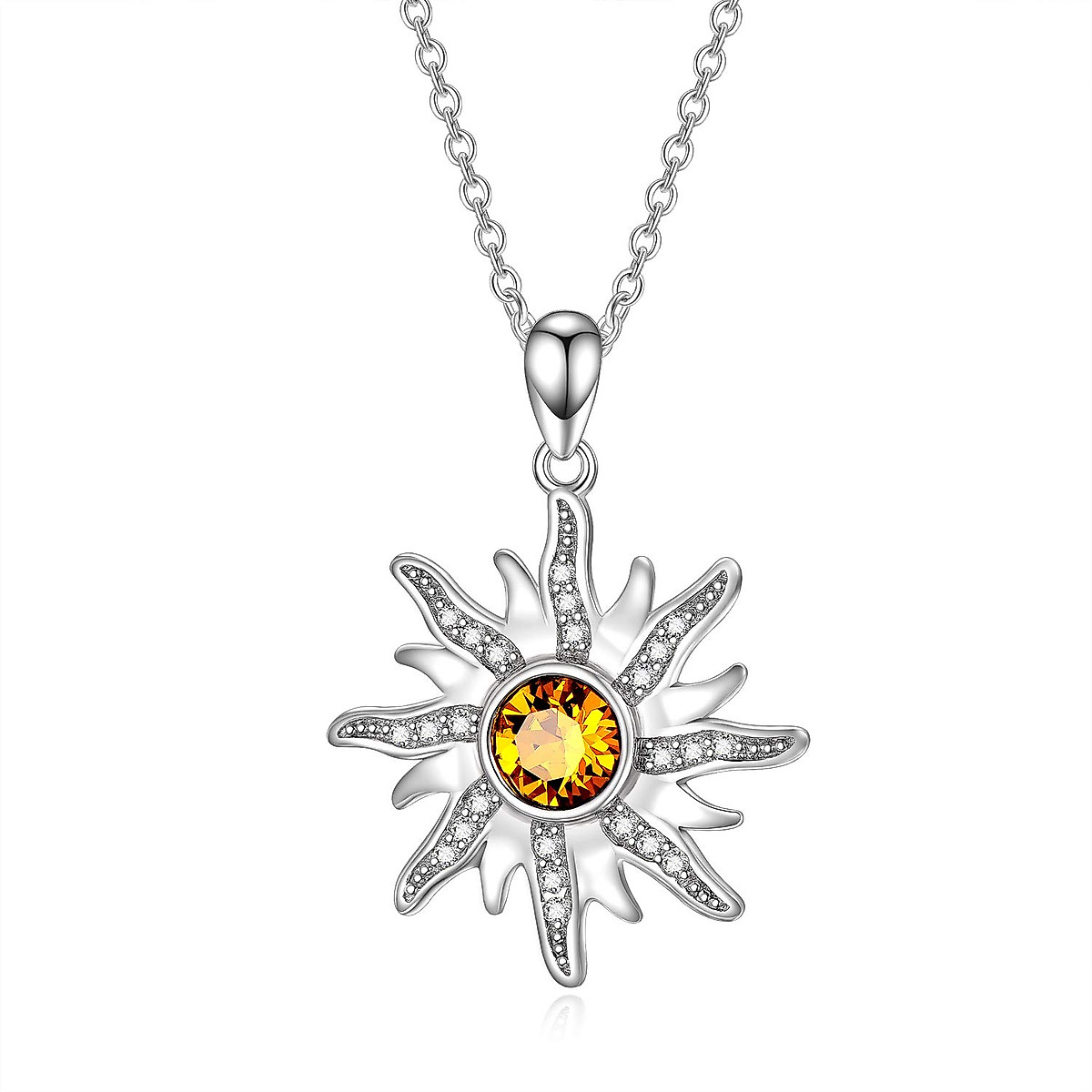 AOBOCO Sterling Silver Sun Sunburst Pendant Necklace with Citrine Austrian Crystal, November Birthstone Jewelry, Christmas Gift for Women