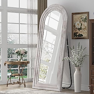 ZHUNFA Arched Full Length Mirror with Solid Wood Frame, 65x22 Farmhouse Wall Mirror Full Length with Stand, Rustic White