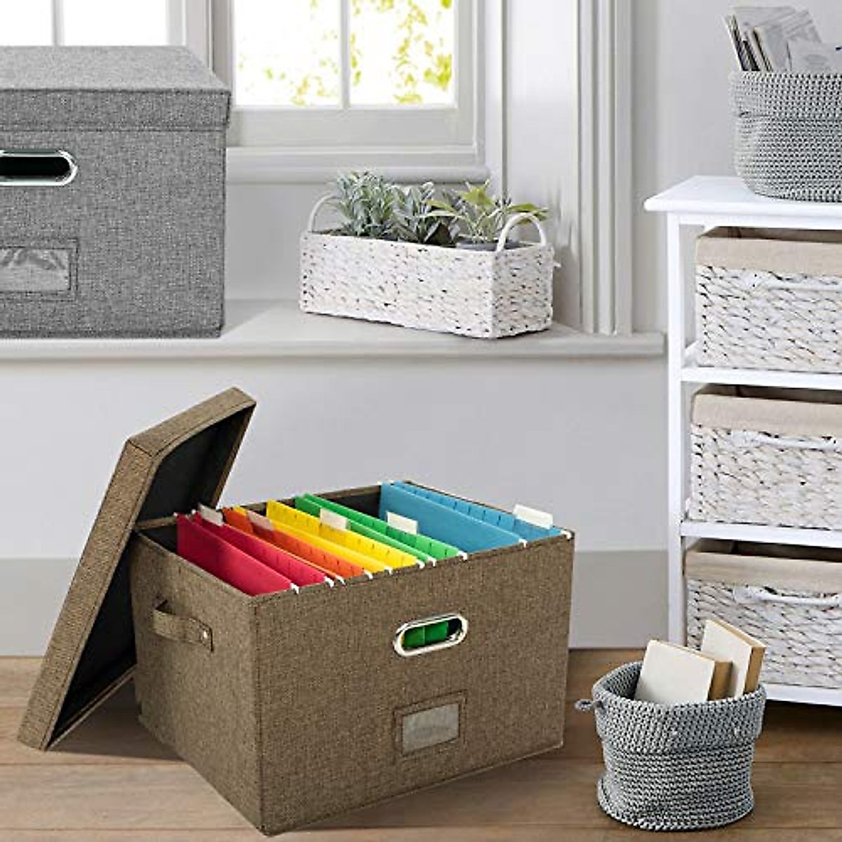 JSungo File Box with 5 Hanging Filing Folders, Document Organizer Storage for Office, Collapsible Linen Storage Box with Lids, Home Portable Storage with Handle, Letter Size Legal Folder, Brown