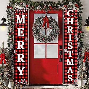 Ivenf Christmas Decorations Outdoor Yard Front Porch Sign Set, Red Black Buffalo Plaid Door Banner, Hanging Merry Christmas Decorations for Home, Indoor Outdoor Xmas Decor Wall Front Door Yard Garage