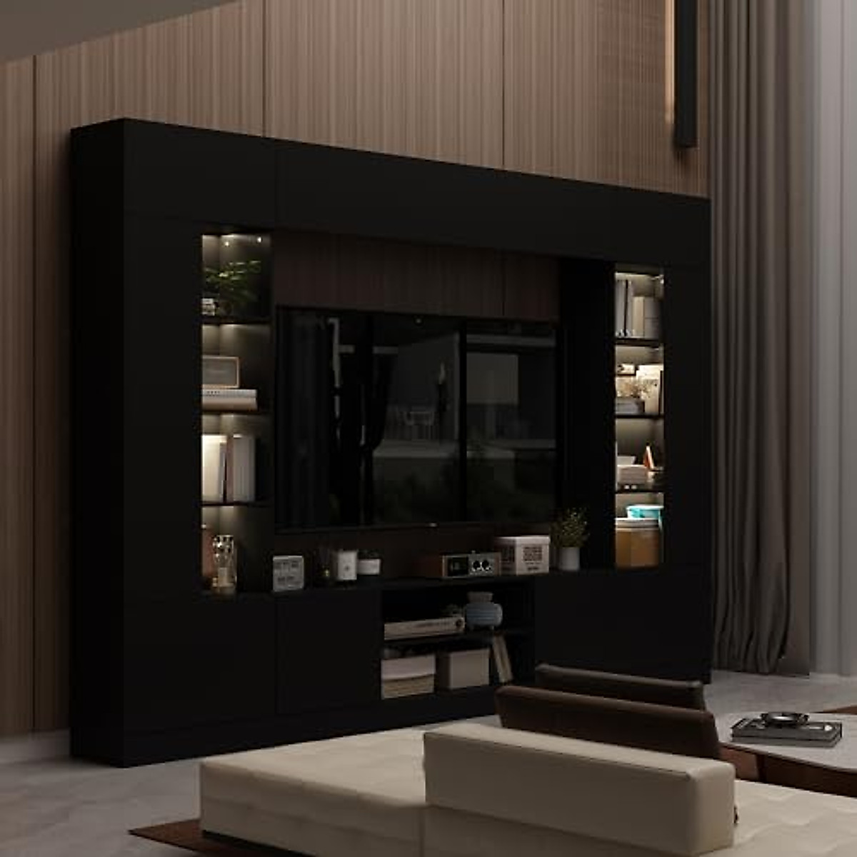 AIEGLE Lighted Entertainment Wall Unit Set with Bridge, Modern TV Stand with 3 Color Light, Up-Flip Doors & Shelves, Large Console Storage Cabinet Set for TVs Up to 70", Black (114.2"Wx11.8"Dx78.7"H)