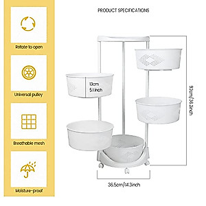 JELLYRATTBIT 5 Tier Fruit Vegetable Storage Basket, Multi-Layer Rotating Storage Shelf with Wheels, Floor-Standing Storage Rack for Kitchen Living Room Bedroom Bathroom, White