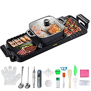 VEVOR 2 in 1 Electric Grill and Hot Pot, 2400W BBQ Pan Grill and Hot Pot, Multifunctional Teppanyaki Grill Pot with Dual Temp Control, Smokeless Hot Pot Grill with Nonstick Coating for 1-8 People