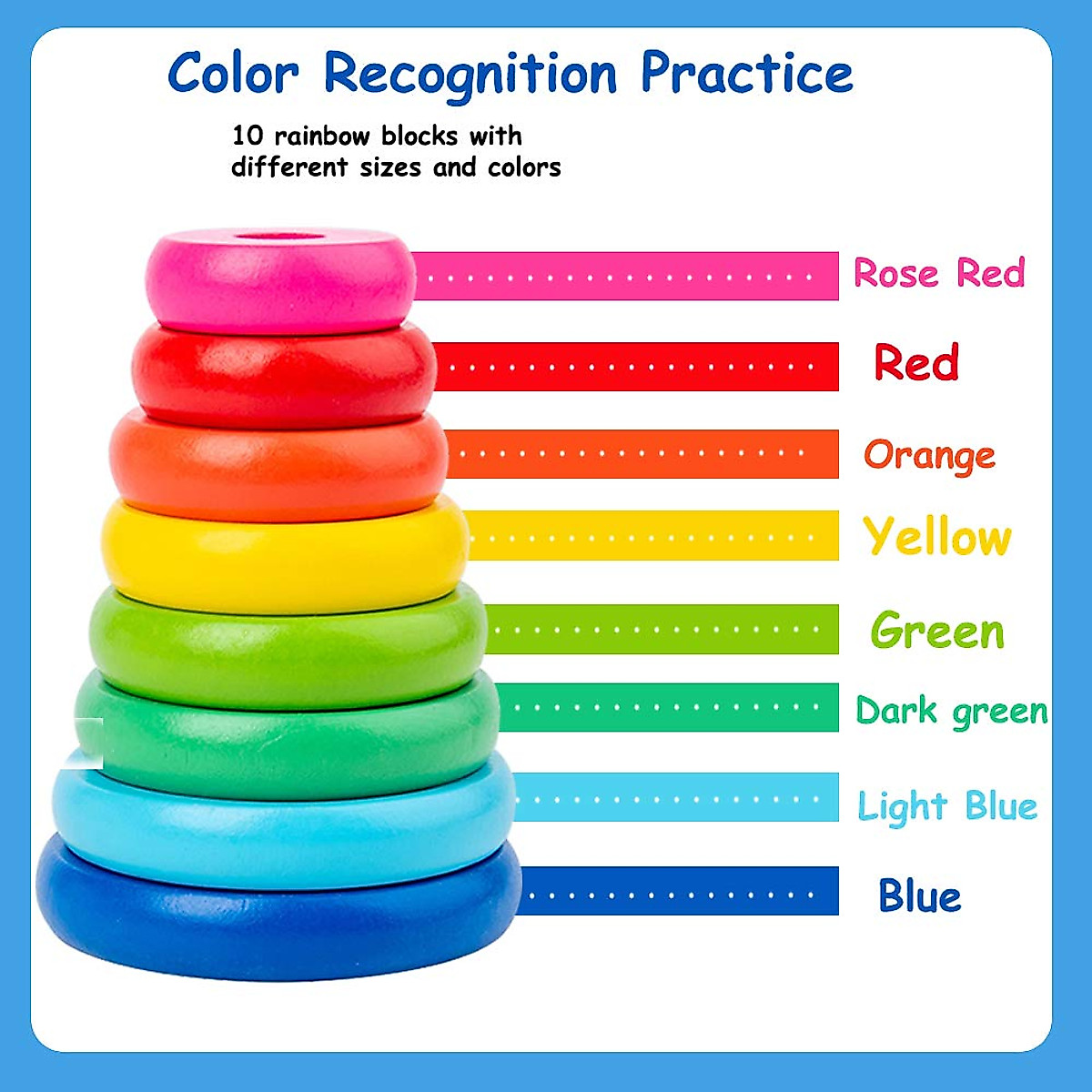 GYBBER&MUMU Wooden Towers of Hanoi (8 Rings) Rainbow Blocks Toy with Storage Box for Kids 3 Years and Up