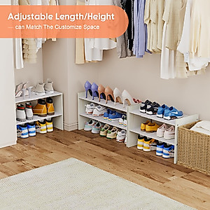 2-Tier Small Shoe Rack Organizer for Closet, Expandable and Adjustable White Shoe Rack, Stackable Iron Wood Combination Shoe Shelves for Closets, Entryway, Small Space, Hallway, Garage