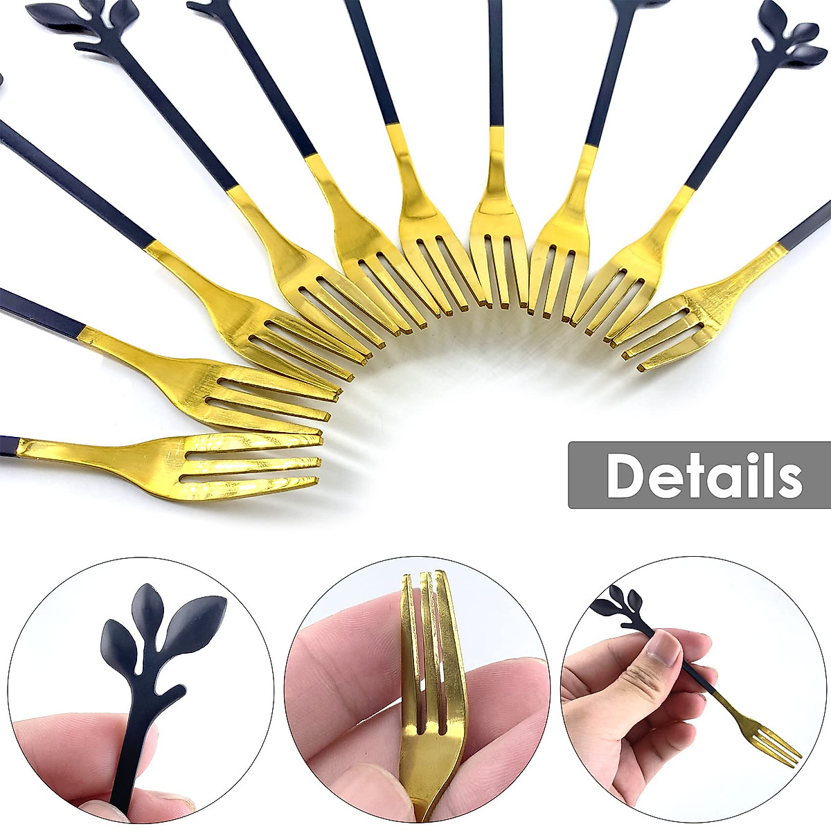 Rovepic 10 Pack Stainless Steel Appetizer Cake Fruit Forks Black Leaf Creative Tasting Dessert Mini Gold 3-Tined Forks Birthday Parties Events Kitchen Accessory Stirring Fork Set 4.8 inch
