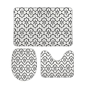 My Little Nest 3 Piece Bath Rugs Mat Set Geometry White and Black Trellis Soft Foam Bath Mat Non Slip Bathroom Rugs Washable Contour Mat and Lid Cover