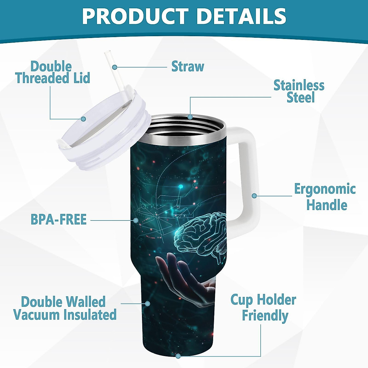 ODAWA AI Brain Hand Coffee Tumbler with Handle Double Wall Tumbler Reusable Stainless Steel Cups