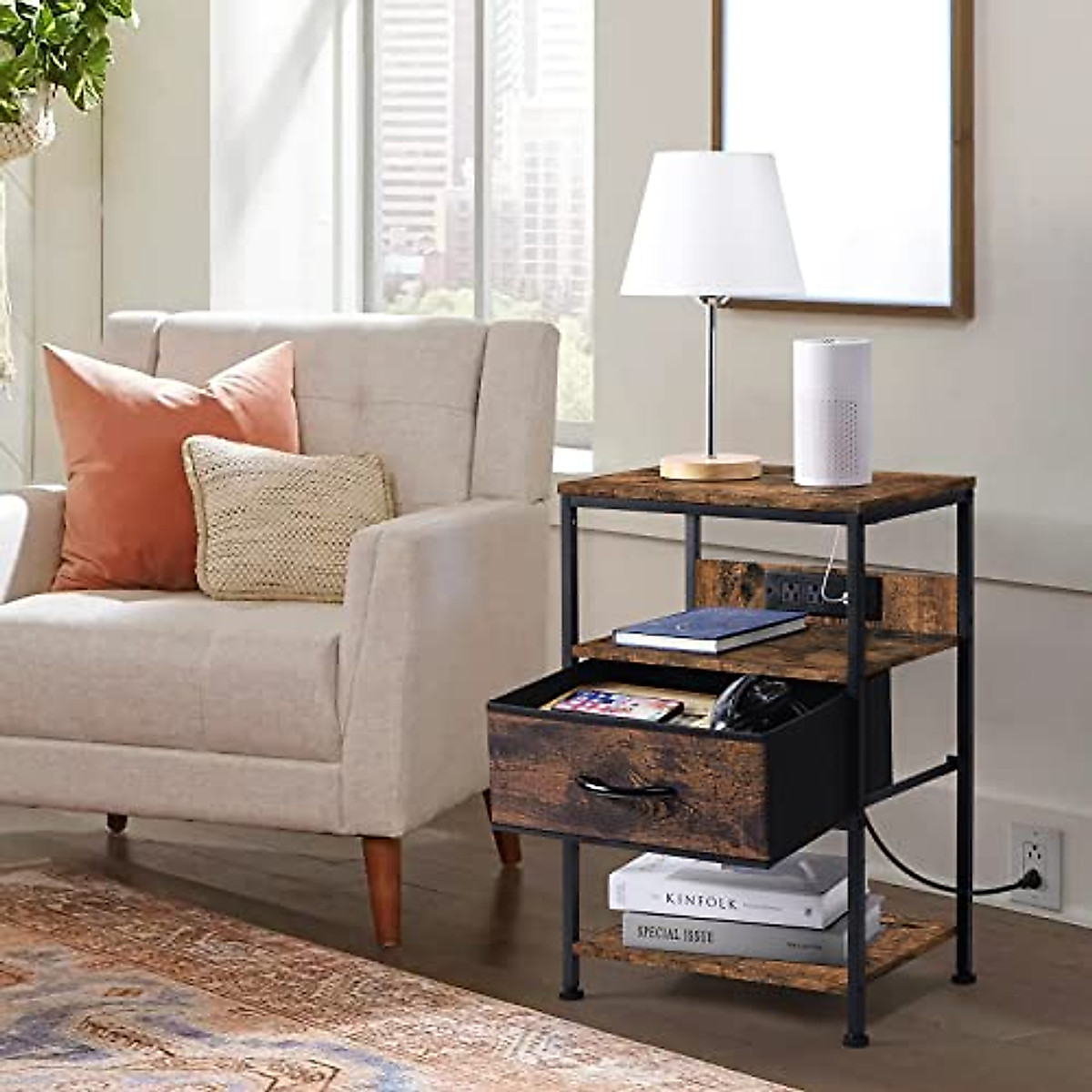 Nightstands Set of 2 with Charging Station, End Table Bedroom Bedside Table with USB Ports, Industrial Nightstand with Drawers Small Side Table with Power Outlets for Living Room Farmhouse Dorm, Brown