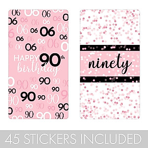 DISTINCTIVS Pink, Black, and White 90th Birthday Party Mini Candy Bar Wrappers - 45 Count, 90th Birthday Decorations for Women