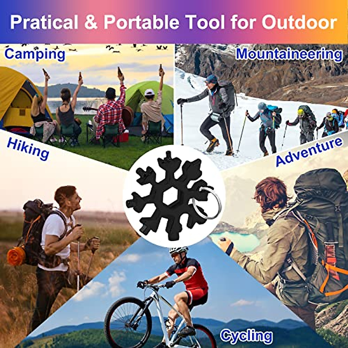 Motiloo 18 in 1 Snowflake Multitool,4 Packs Snowflake Multi Tool,Stainless Steel Snowflake Wrench/Bottle Opener with Key Ring Portable to Take for Great Men Fathers Christmas Gift