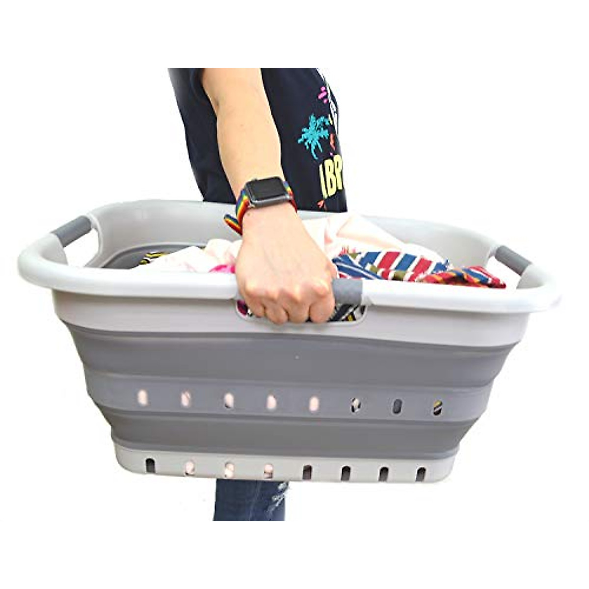 SAMMART 41L (10.8 gallon) Set of 2 Collapsible 3 Handled Plastic Laundry Basket-Foldable Pop Up Storage Container/Organizer-Space Saving Hamper/Basket (2, Grey/Dark Grey)