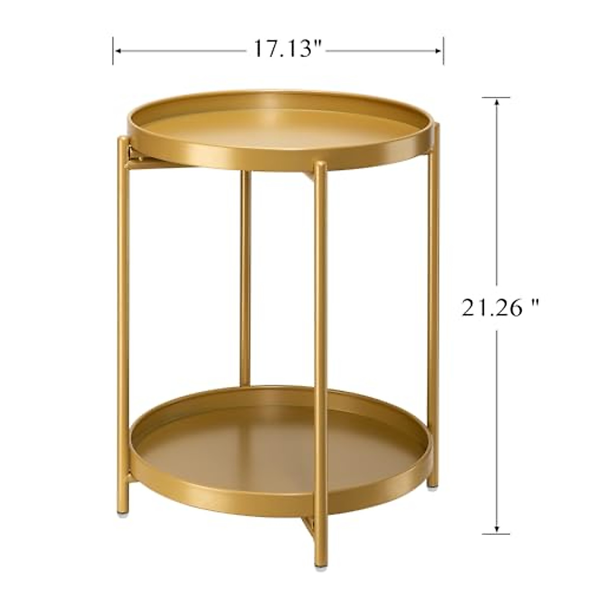 danpinera 2-Tier End Table, Outdoor Side Table Metal Round Side Table with Removable Tray, Small Folding Accent Table, Anti-Rust Nightstand for Bedroom Balcony Patio Living Room (Gold)