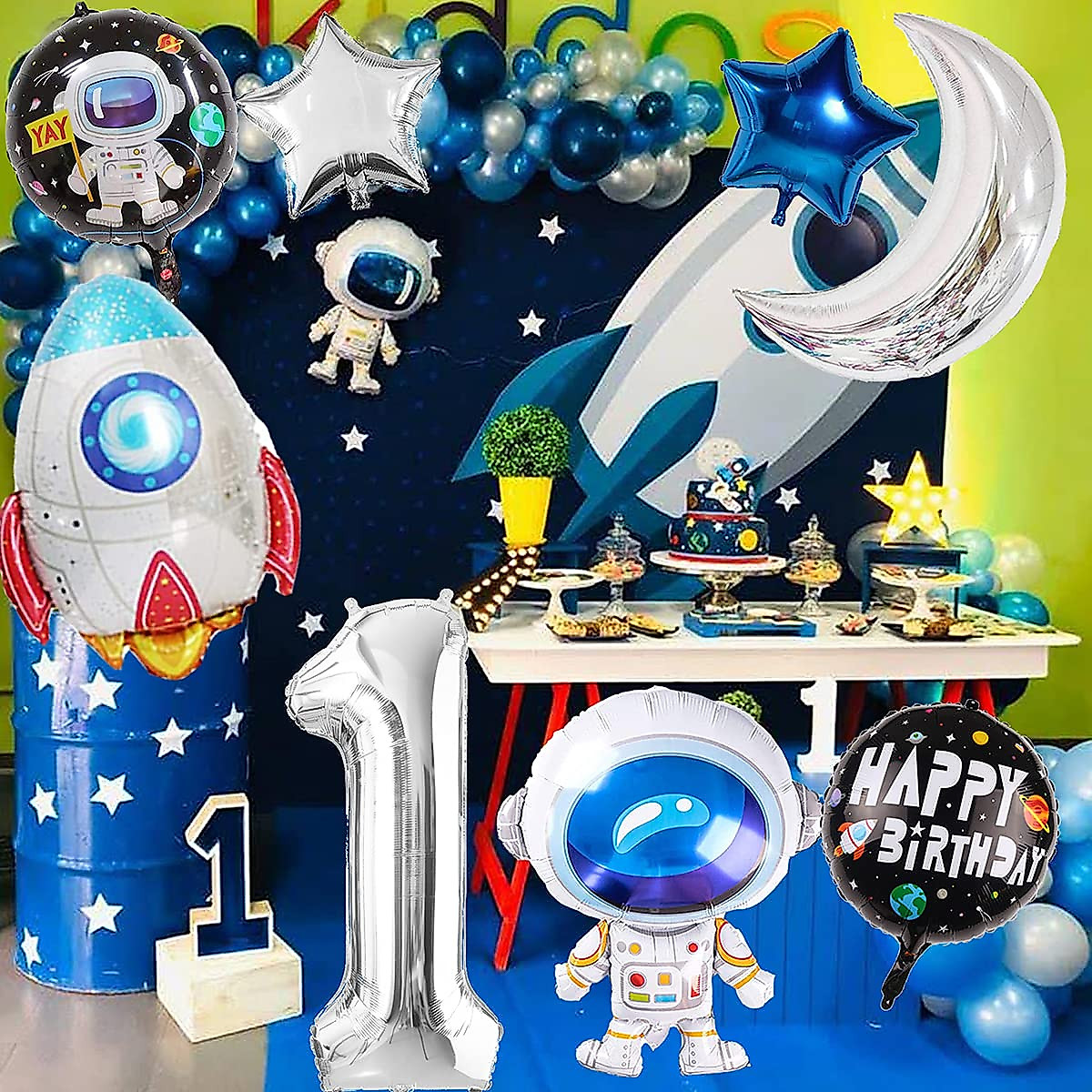 10 PCS Space Theme 0-9 Birthday Balloons Decoration, Big Foil Mylar Number 0 Astronaut Spaceman Rocket Moon Star Balloons for Boy Space Galaxy Theme Birthday Party Supplies