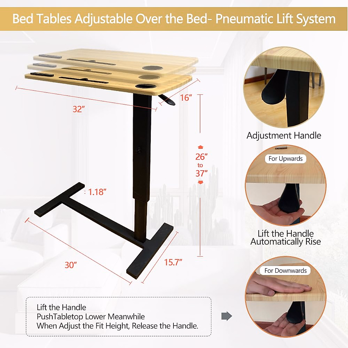 BeGyoku Overbed Table,Hospital Bed Table,Pneumatic Bed Tables Adjustable Over The Bed with Hidden Wheels&USB,Mobile Laptop Table Cart&Rolling Bedside Table with Tray Hospital Home Use-Oak