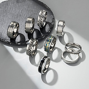 EIELO 9Pcs Stainless Steel Band Rings for Men Women Cool Fidget Spinning Chain Ring Anxiety Relief Fashion Simple Wedding Engagement Silver Ring Set