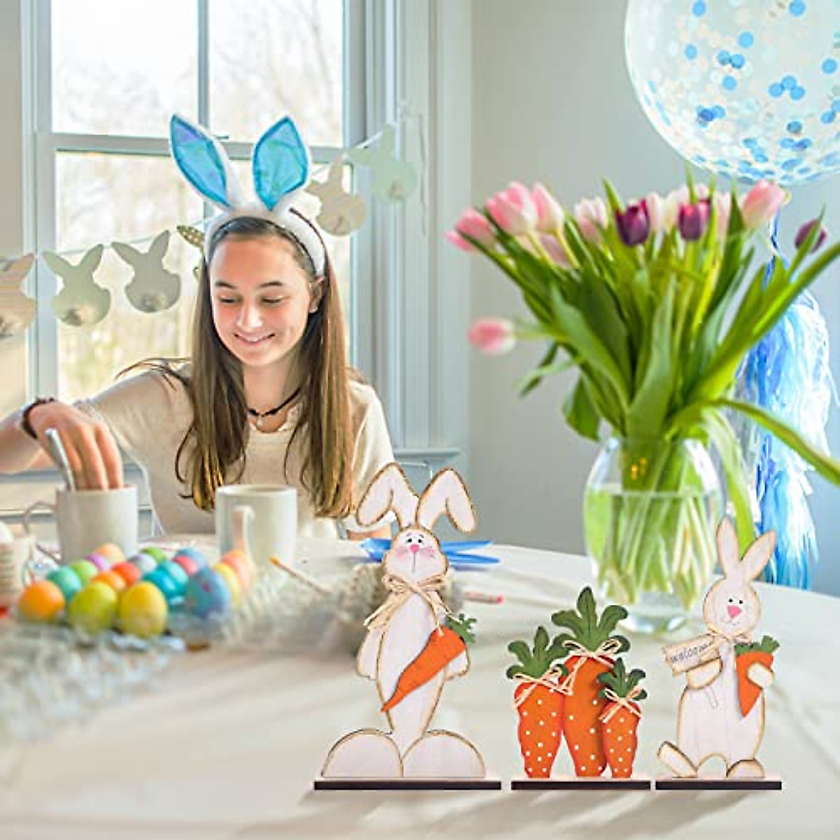 RoseCraft Easter Decorations, 3Pcs Rustic Wooden Bunny/Carrot Table Sign Decor for The Tabletop Centerpiece Rabbit Crafts Gift, for The Home Office Desk Birthday Party Supplies Spring Decorations.