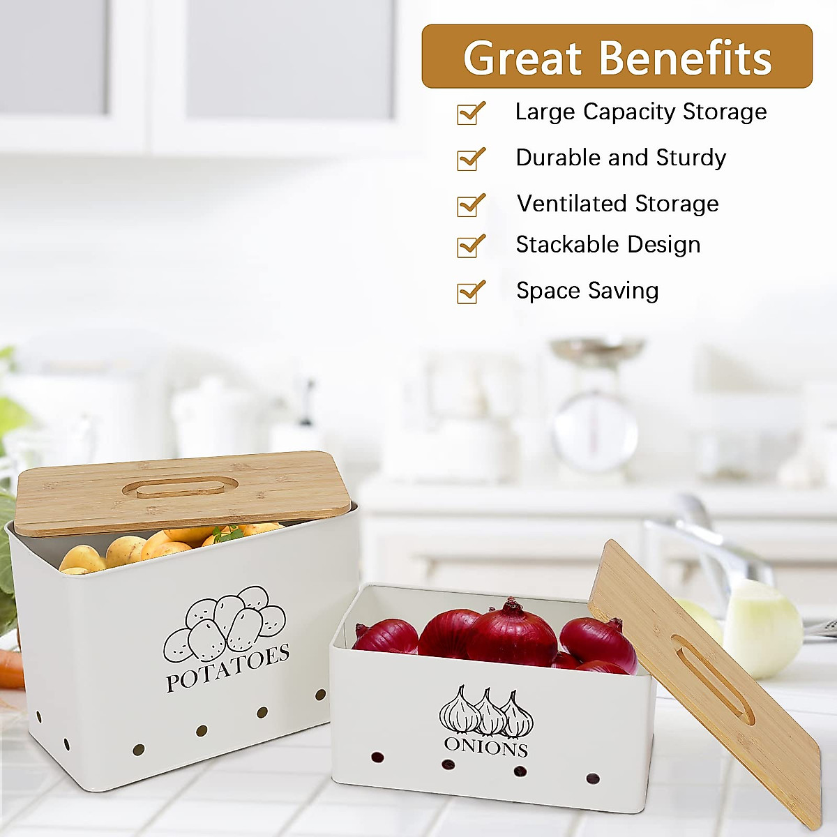 Xbopetda Set of 2 Vintage Cream White Potato Onion Kitchen Storage Canisters Jars Pots, Potato & Onion Bin with Aerating Holes & Wooden Lid, Food Container Sets, Vegeatables Storage