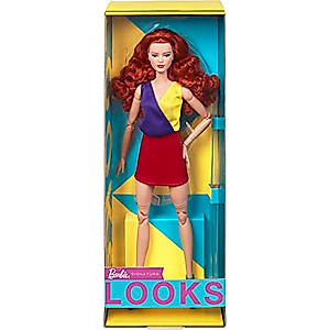 Barbie Looks Doll with Curly Red Hair Dressed in Color Block Top and Glossy Pleather Skirt, Posable Made to Move Body