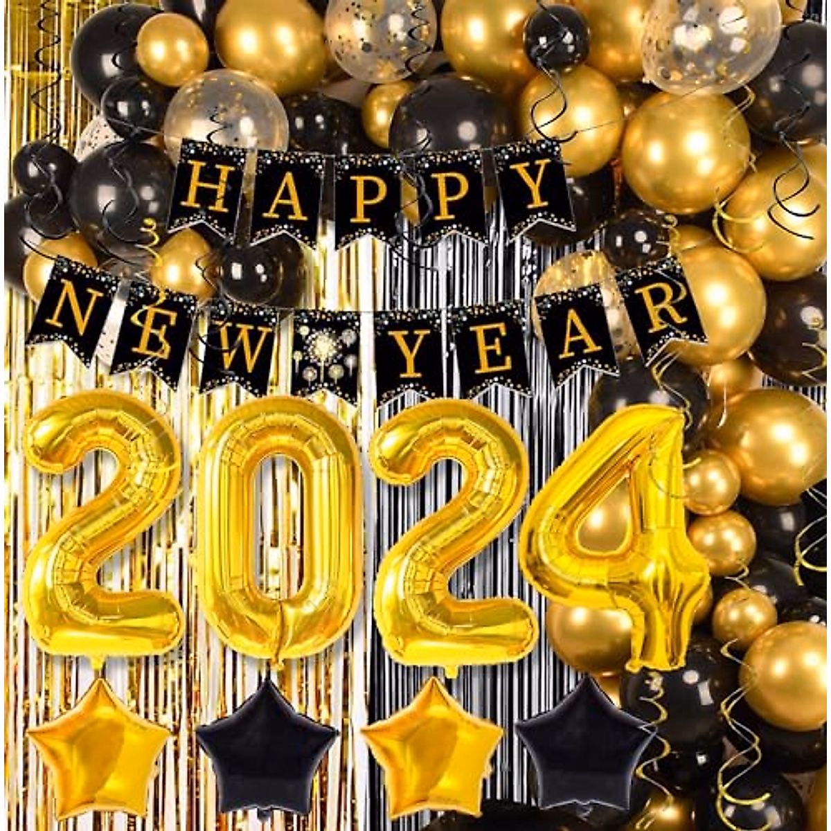 New Years Eve Party Supplies 2024 Kit - Pack of 125, Huge Gold 2024 Balloons, Happy New Year Banner, Black and Glod Hanging Swirls, Gold Fringe Backdrop for NYE Decorations 2024, New Years Party Décor