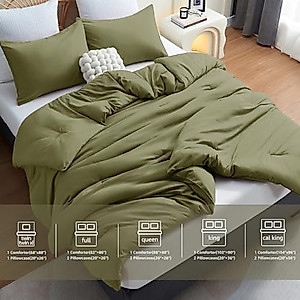 CozyLux Olive Green Comforter Set King Size, 3 Pieces Solid Breathable Quilted Style Bedding Sets, Luxury Fluffy Soft Microfiber Comforter for All Season(1 Comforter & 2 Pillowcases)