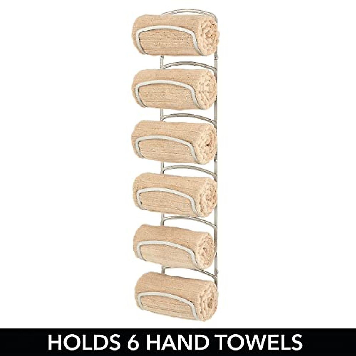 mDesign Steel Towel Holder for Bathroom Wall - Wall Mounted Organizer for Rolled Towels and Bath Robes - Six Level Wall Mount Towel Storage Rack - Bathroom Towel Organizer - Hyde Collection - Satin