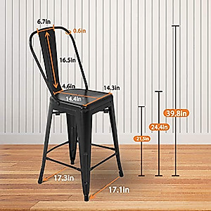 Metal Bar Stool Set of 4 Counter Height Barstool with Back 24 Inches Seat Height Industrial Bar Chairs Patio Stool Stackable Modern Kitchen Stool Indoor Outdoor Metal Bar Stool Kitchen Stools (Black)