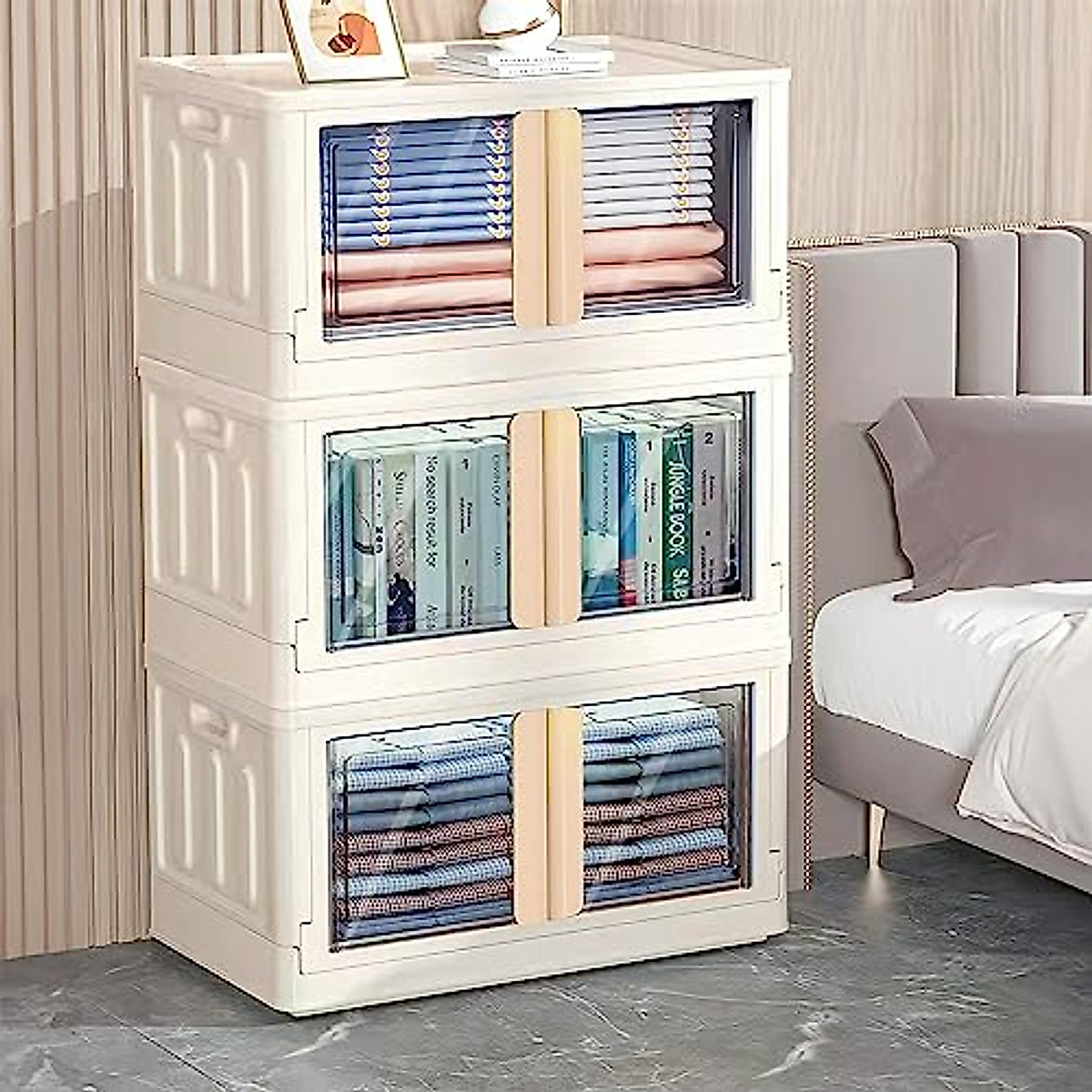 3Pcs Lidded Home Storage Bins with Lids for Cabinet 8.5Gal Stackable Closet Organizer on Wheel for Clothes Organizing Containers with Handle,Collapsible Storage Box for Snacks Pantry Bedroom Dorm