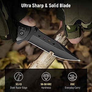 KEXMO Pocket Folding Knife - 3.46" Sharp Blade Tactical Pocket Knife with Clip, Glass Breaker - EDC Knives for Men Dad Women Hunting Survival Camping Fishing Hiking, Black