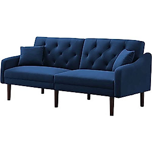 DNYN Convertible Sleeper Futon Sofa with 2 Pillows, Velvet Tufted Couch w/Metal Legs and Adjustable Backrest, for Apartment Office Small Space Living Room Furniture, Blue